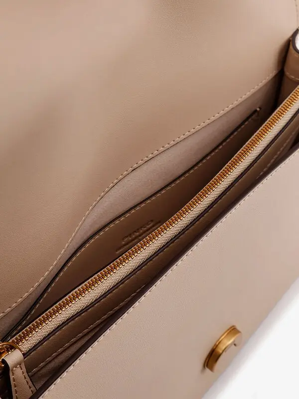Pinko Love One Leather Shoulder Bag With Metal Detail - Beige