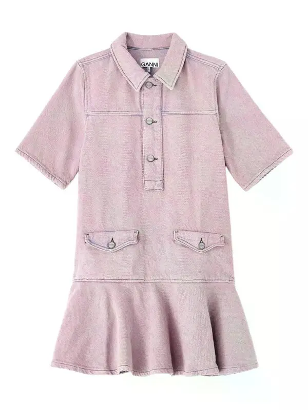 GANNI Cotton Denim Mini Dress With Ruffled Hem - Pink