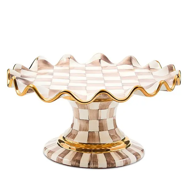 MACKENZIE-CHILDS Check Ceramic Fluted Cake Stand - Mocha