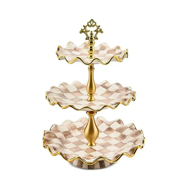 MACKENZIE-CHILDS Check Ceramic 3-tier Sweet Stand - Mocha