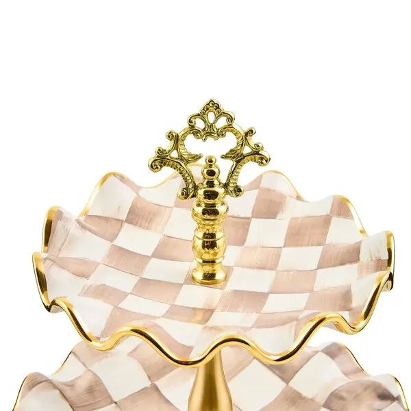 MACKENZIE-CHILDS Check Ceramic 3-tier Sweet Stand - Mocha
