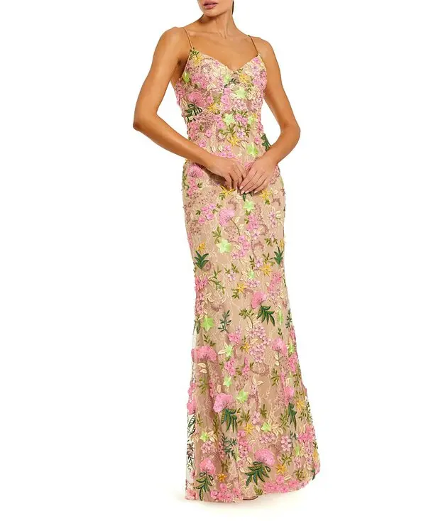 Mac Duggal Floral Embroidered Column Gown - Nude Multi