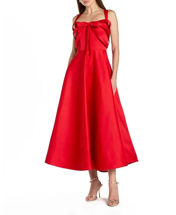 Mac Duggal Satin Sleeveless A-line Ankle Dress With Bow Detail