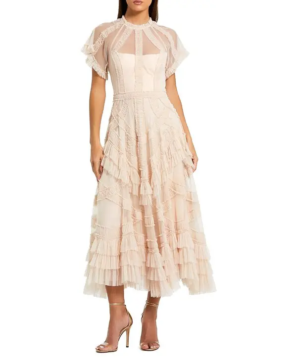 Mac Duggal Flutter Sleeve Mesh Midi Dress With Ruffles