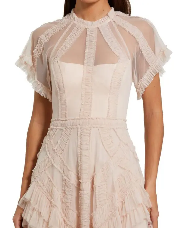 Mac Duggal Flutter Sleeve Mesh Midi Dress With Ruffles