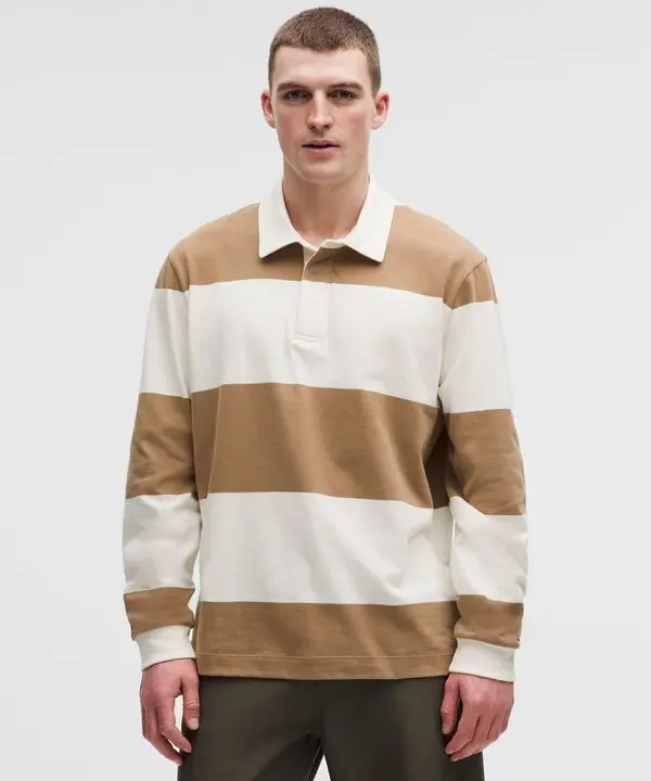 Lululemon Long-sleeve Cotton Rugby Shirt - Wide Stripe Camel Brown Coconut Ivory
