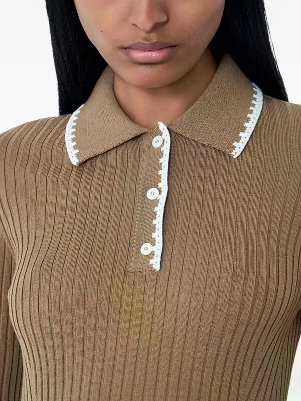 Moncler Ribbed Button Polo Top - Brown