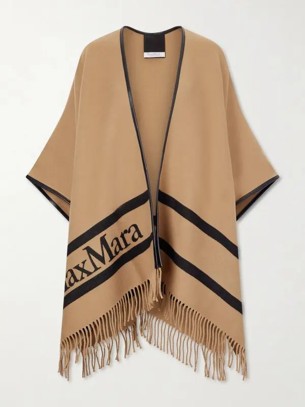 Max Mara Fringed Leather-trimmed Wool-jacquard Cape - Brown