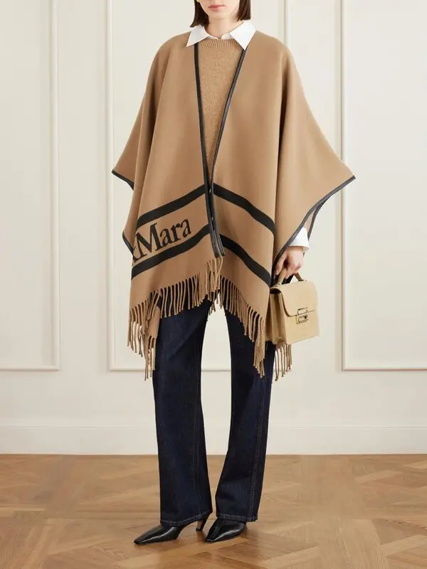Max Mara Fringed Leather-trimmed Wool-jacquard Cape
