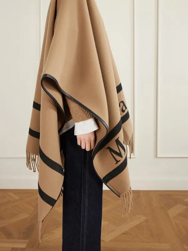 Max Mara Fringed Leather-trimmed Wool-jacquard Cape