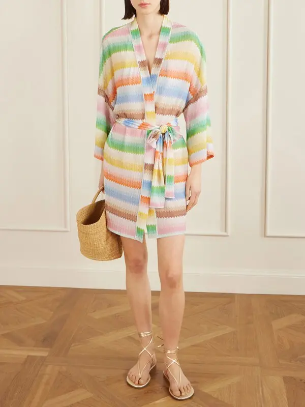 Missoni Mare Belted Striped Metallic Crochet-knit Cover-up