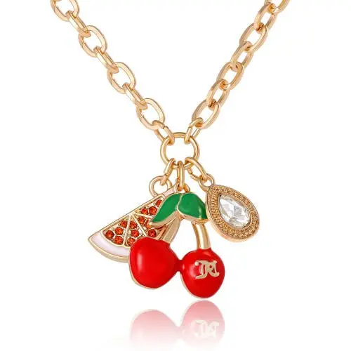 Juicy Couture Cherry & Watermelon Charm Necklace - Gold Tone/ Red