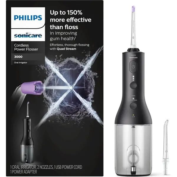 PHILIPS SONICARE Cordless Power Flosser 3000 Quad Stream Water Flosser - Black
