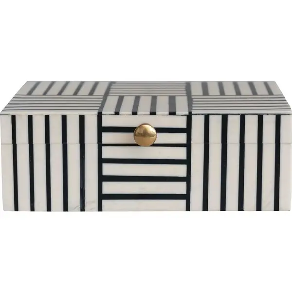STORIED HOME Plastic Storage Box With Striped Block Pattern And Gold Knob - Black