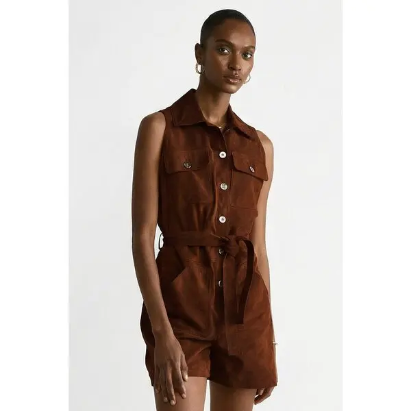 FURNIQ UK Alina Suede Sleeveless Romper With Belted Waist And Utility Pockets - Chestnut