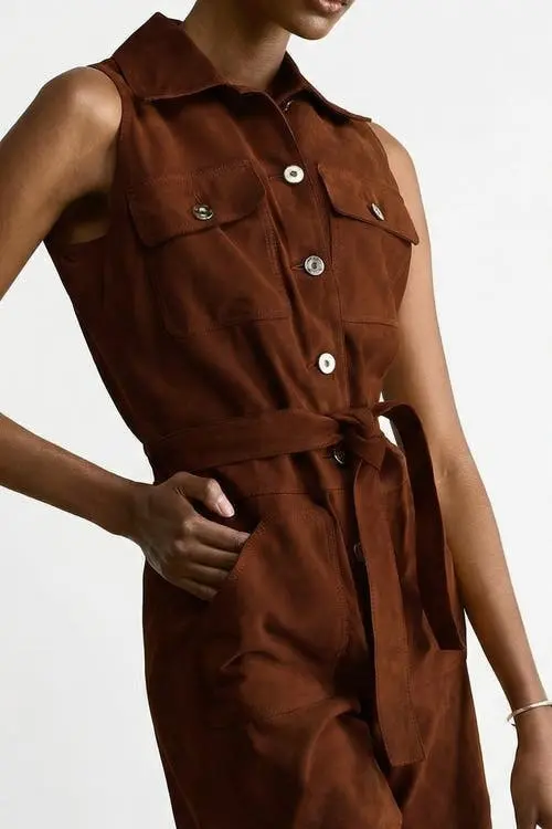 FURNIQ UK Alina Suede Sleeveless Romper With Belted Waist And Utility Pockets - Chestnut