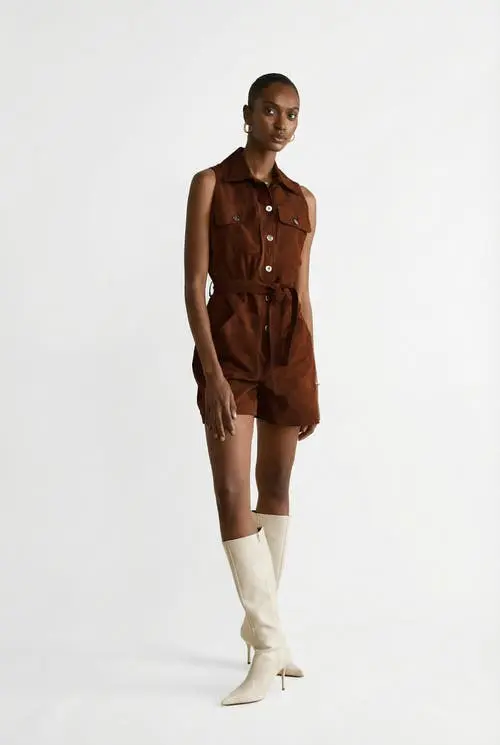FURNIQ UK Alina Suede Sleeveless Romper With Belted Waist And Utility Pockets - Chestnut
