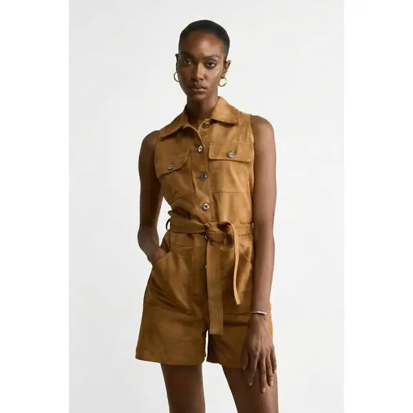 FURNIQ UK Alina Suede Romper - Pastel Brown