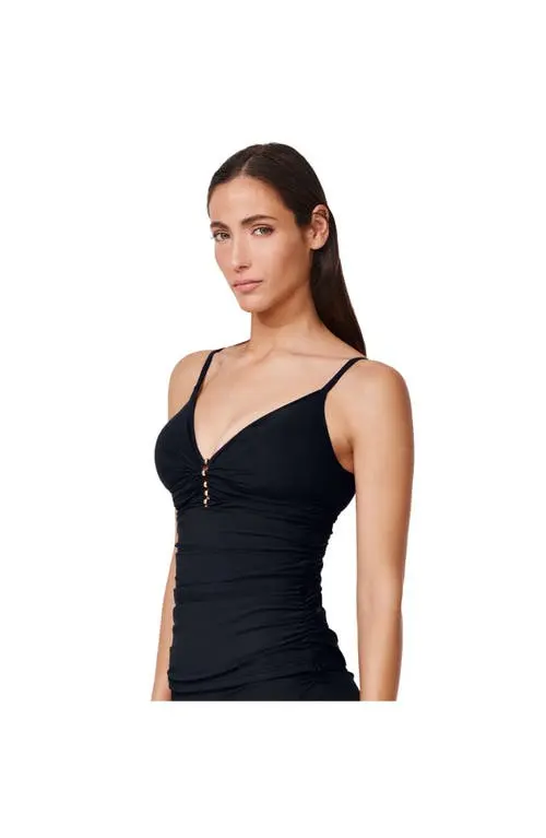 GOTTEX Tutti Frutti V-neck Gold Beaded Tankini Top - Black