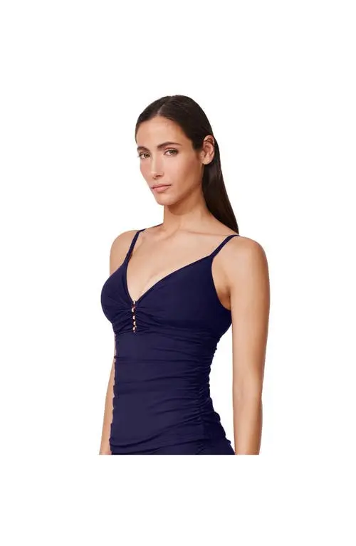 GOTTEX Tutti Frutti V-neck Gold Beaded Tankini Top - Navy