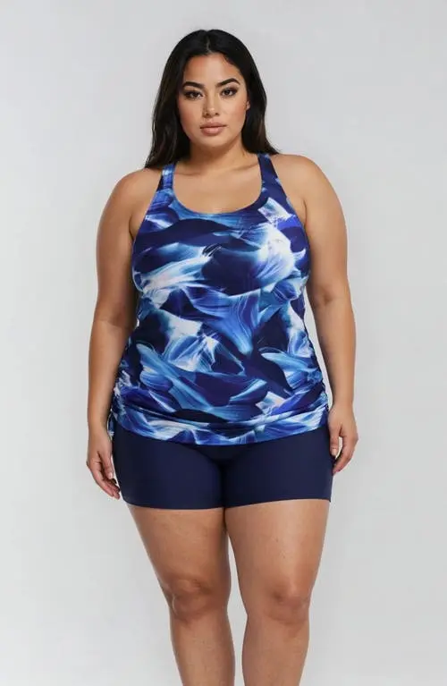 CALYPSA Maya Tankini Swim Top With Built-in Bra And Swim Shorts Set - Navy Wave