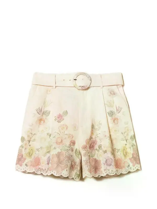 TWINSET Linen Floral Print Shorts With Buckled Belt