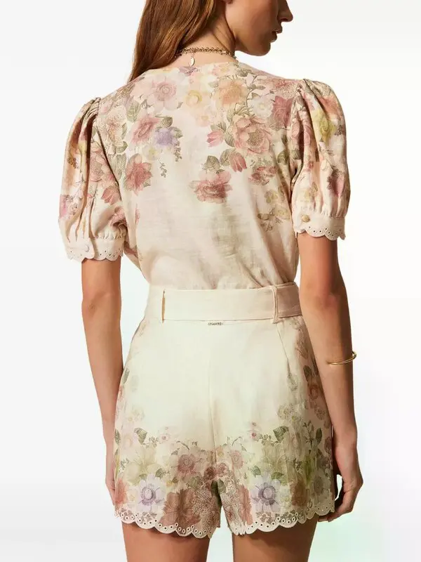 TWINSET Linen Floral Print Shorts With Buckled Belt