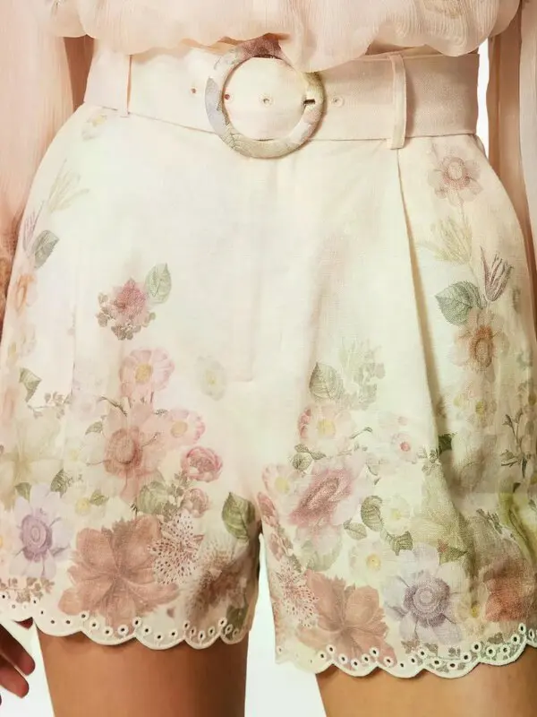 TWINSET Linen Floral Print Shorts With Buckled Belt