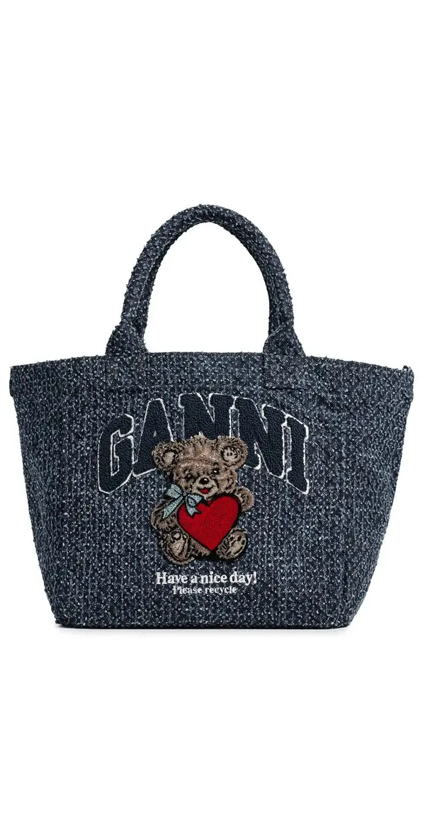 GANNI Small Trapeze Shopper Bear Tweed Denim Tote - Rinse