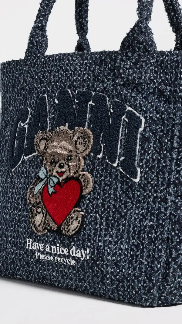 GANNI Small Trapeze Shopper Bear Tweed Denim Tote - Rinse