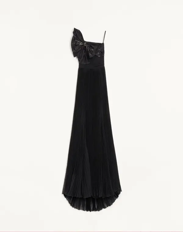 Valentino Garavani Long Dress In Embroidered Light Georgette With Rhinestones - Black/silver