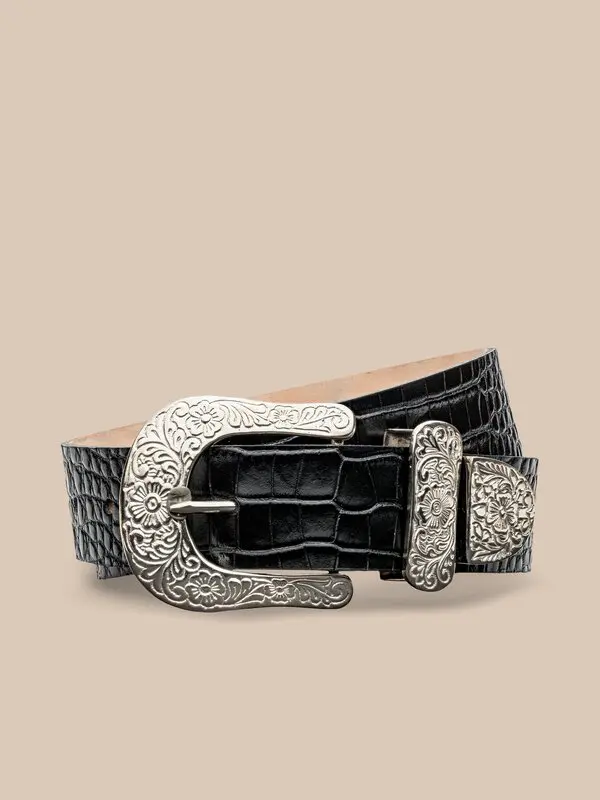 L'Agence Otera Leather Belt - Black Croc Embossed