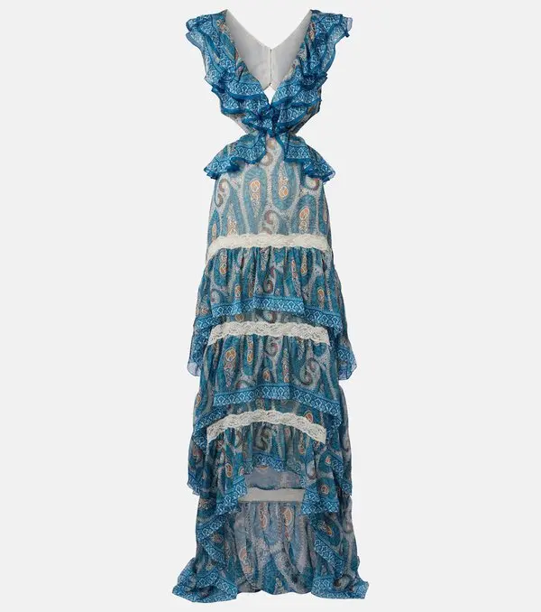 Etro Paisley Lace-trimmed Silk Maxi Dress - Blue