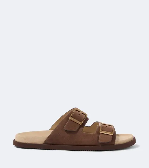 Brunello Cucinelli Suede Sandals With Antique Gold Buckles - Brown