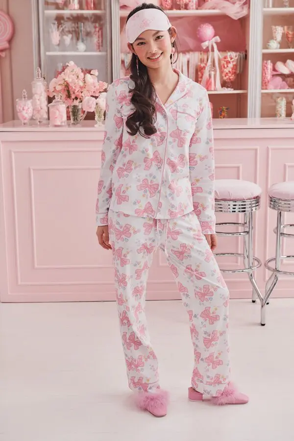 LoveShackFancy X Roller Rabbit Doily Beux Long Sleeve Polo Pajama - Doily Beux/pink Sugar