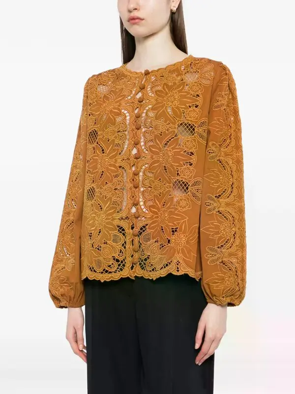 Farm Rio Camel Embroidered Floral Top