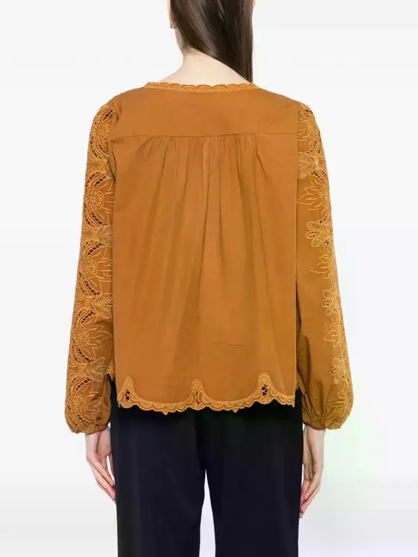 Farm Rio Camel Embroidered Floral Top