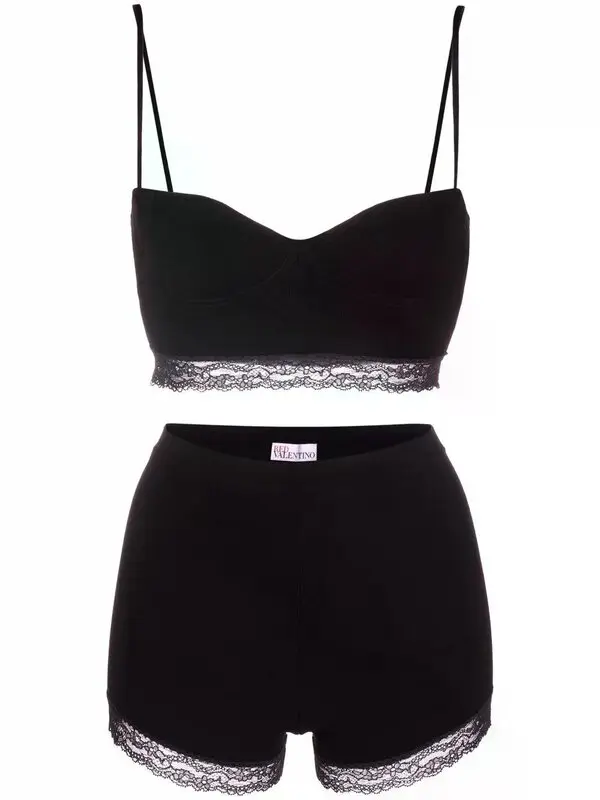 Red Valentino Floral-lace Bandeau Top And Shorts Set - Black
