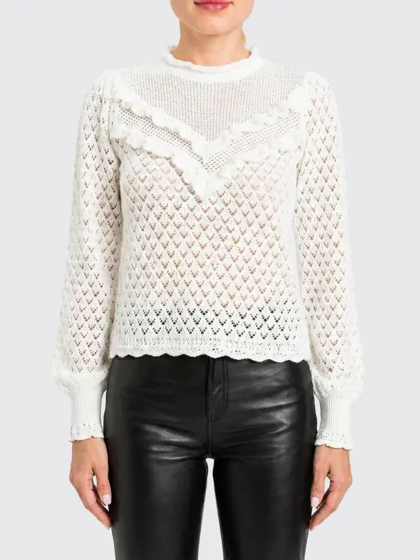 TWINSET Perforated Cotton Blend Crew Neck Pullover With Ruffle And Embroidery - Pearl