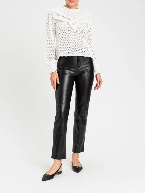 TWINSET Perforated Cotton Blend Crew Neck Pullover With Ruffle And Embroidery