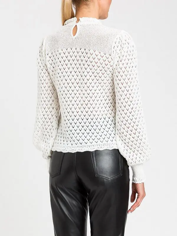 TWINSET Perforated Cotton Blend Crew Neck Pullover With Ruffle And Embroidery