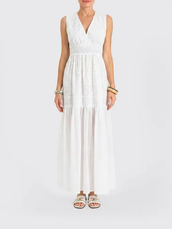 TWINSET Broderie Anglaise V-neck Sleeveless Maxi Dress - White