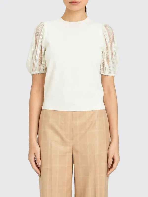 TWINSET Viscose Blend Top With Embroidered Lace Puff Sleeves - Pearl