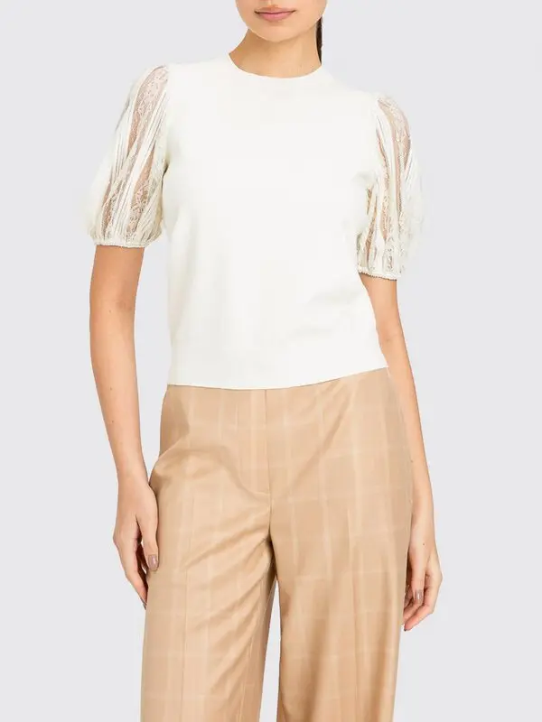 TWINSET Viscose Blend Top With Embroidered Lace Puff Sleeves