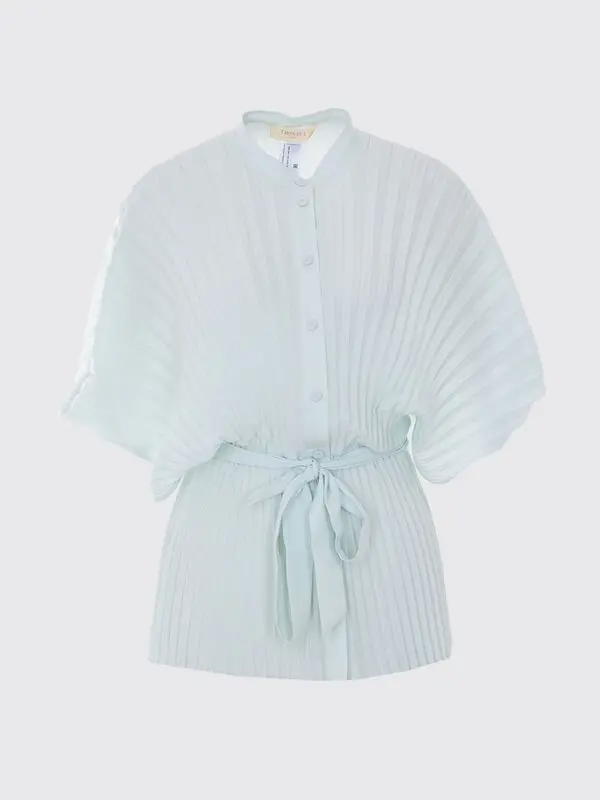 TWINSET Pleated Crêpe Shirt With Mandarin Collar - Water