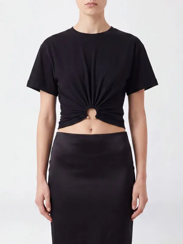 Rabanne Cotton Crop T-shirt With Metal Ring Detail - Black