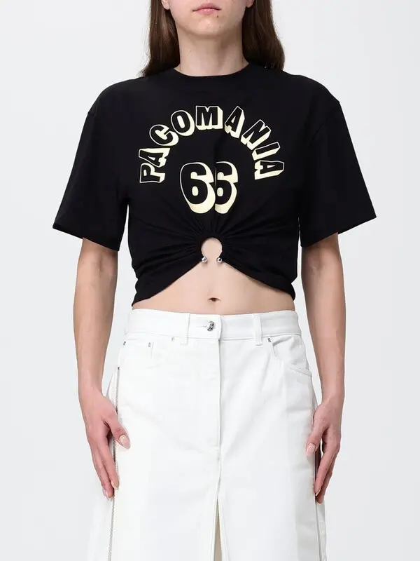 Rabanne Cropped Slogan Print T-shirt With Metal Ring Detail - Black
