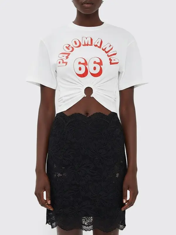 Rabanne Cropped Slogan Print T-shirt With Metal Ring Detail - White