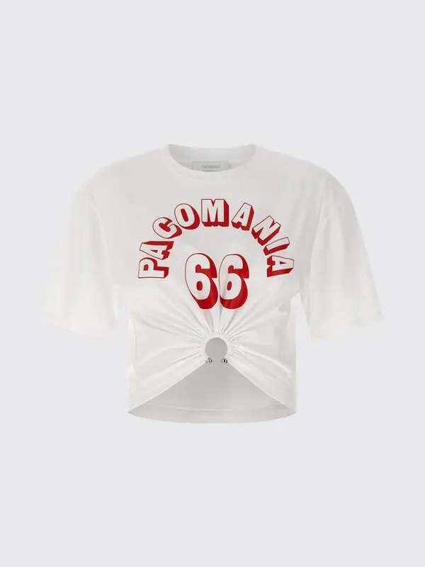 Rabanne Cropped Slogan Print T-shirt With Metal Ring Detail - White