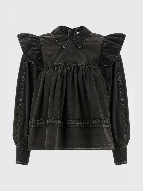 GANNI Organic Cotton Denim Blouse With Ruffles
